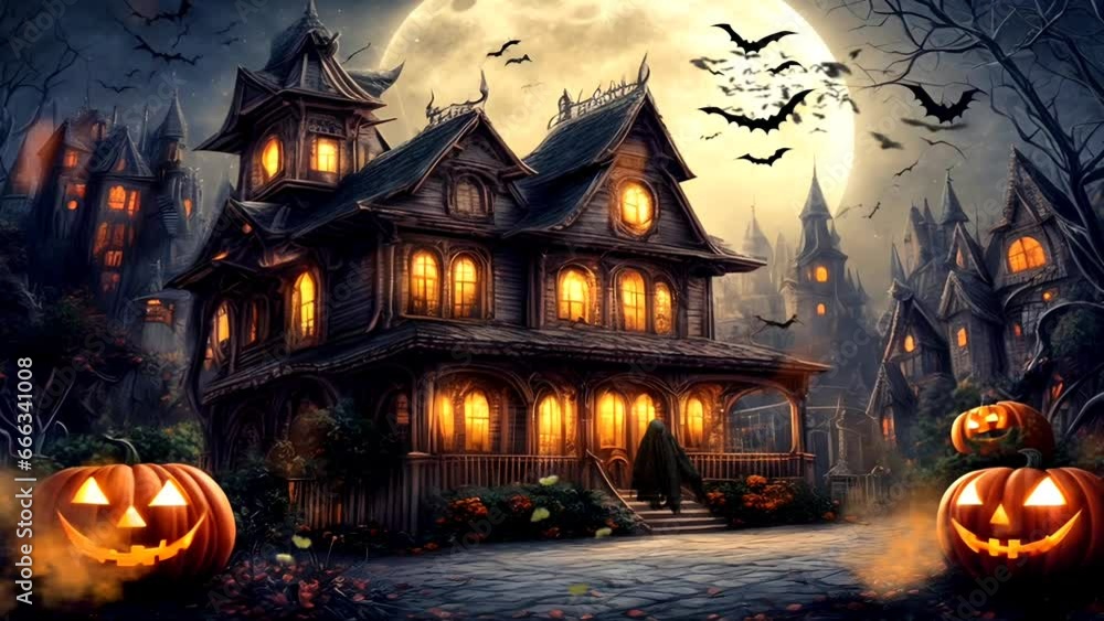 Scary Halloween Night: Ghosts and bats surround the moonlit haunted ...
