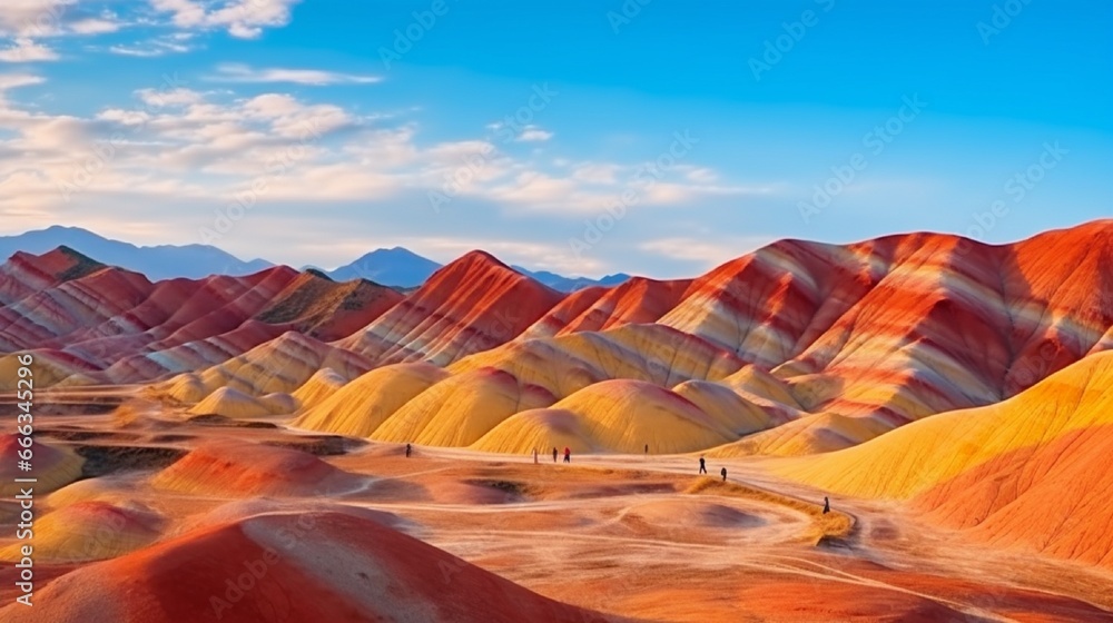 Amazing scenery of Rainbow mountain and blue sky background in sunset ...