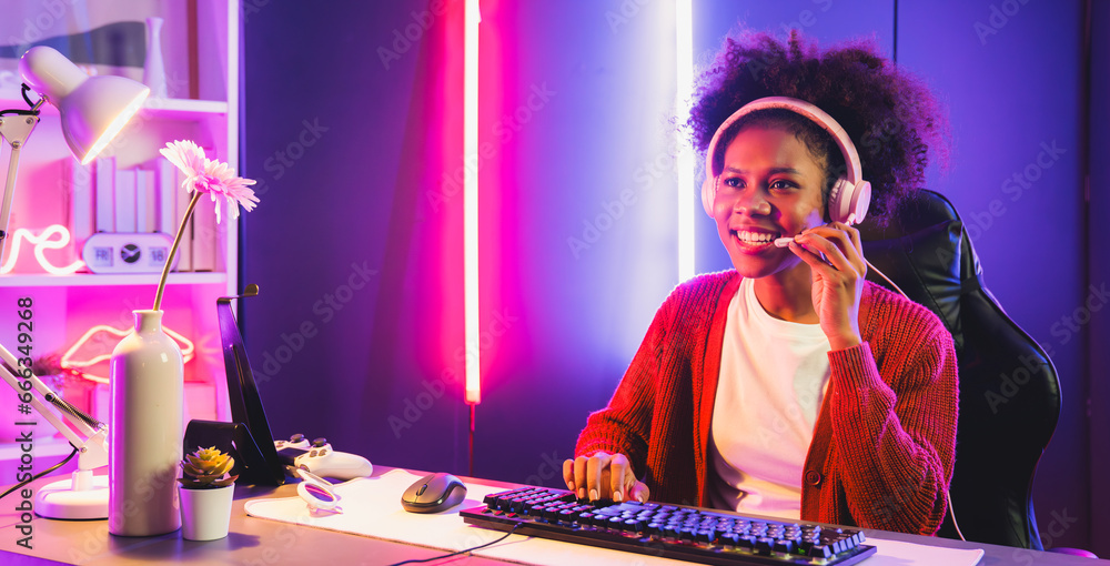 African American girl streamer playing online fighting with Esport ...