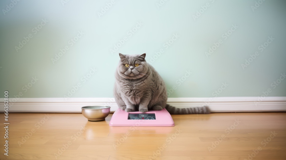 Fat cat sitting on the scale with sad face Stock Photo | Adobe Stock