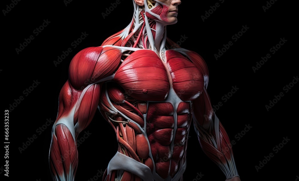 Human Body Anatomy with muscle maps isolated on black background. 3D ...