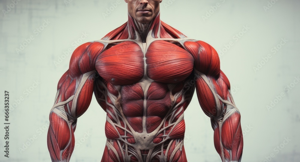 Muscular man with red muscle on a white background.3d rendering ...