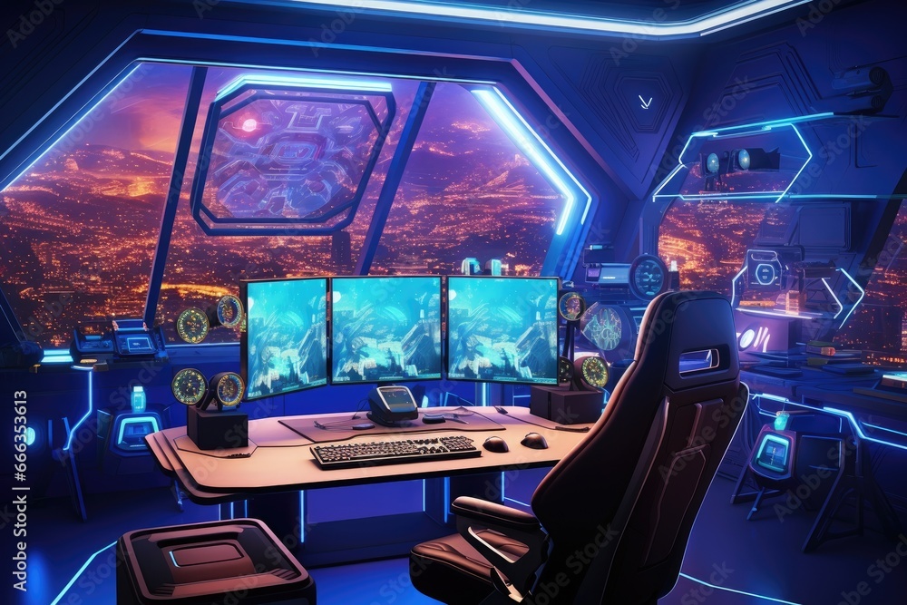 Spaceship interior with a view of the city. 3D rendering, Futuristic ...