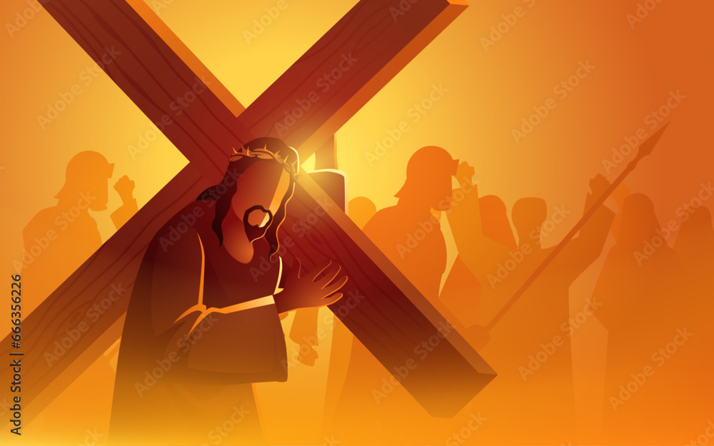 Jesus carrying his cross, as the people of Jerusalem cheer to mock him ...