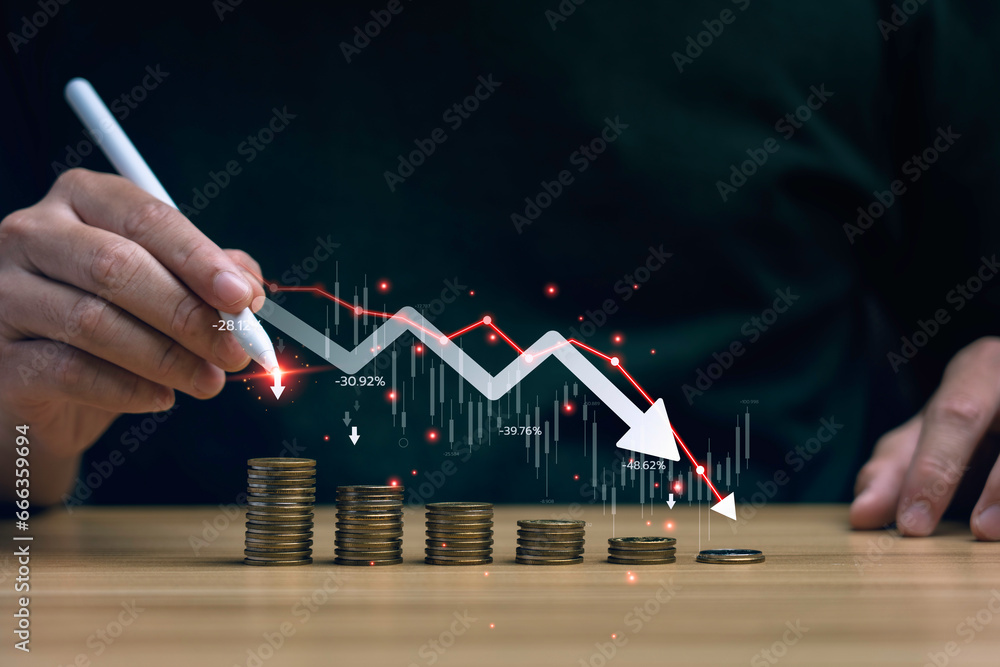 Economic collapse concept, businessman with falling financial graph ...