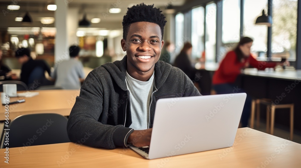 Happy African American teen student elearning at home on pc, writing ...