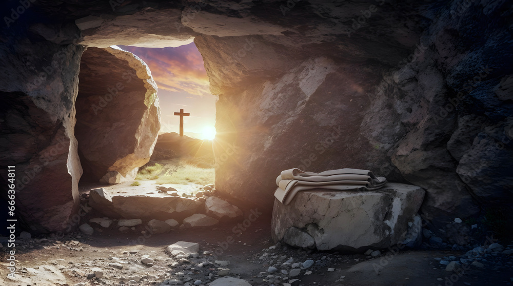 Fényképezés Resurrection Of Jesus Christ, Tomb Empty With Shroud And Crucifixion At Sunrise, May ...