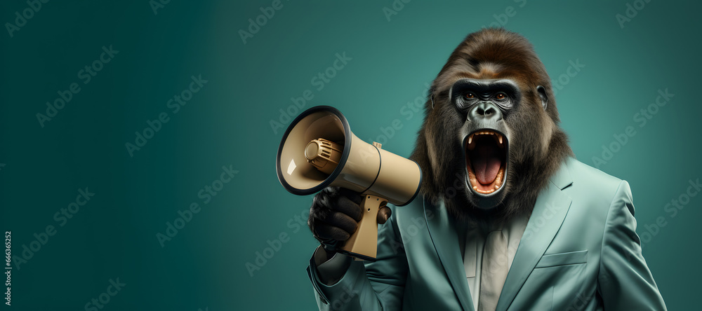 Gorilla announcing using hand speaker. Notifying, warning, announcement ...