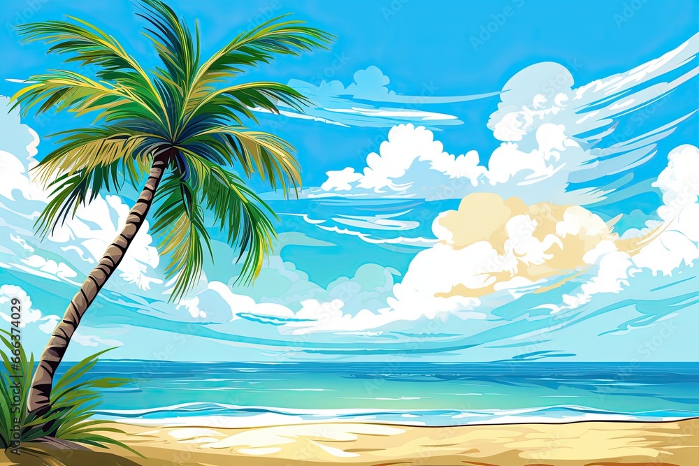 Cartoon Beach: Palm Tree on Tropical Beach with Blue Sky and White ...
