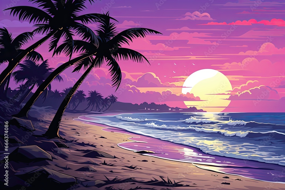 Cartoon Beach: Purple Sunset Beach Scene for a Vibrant and Playful ...