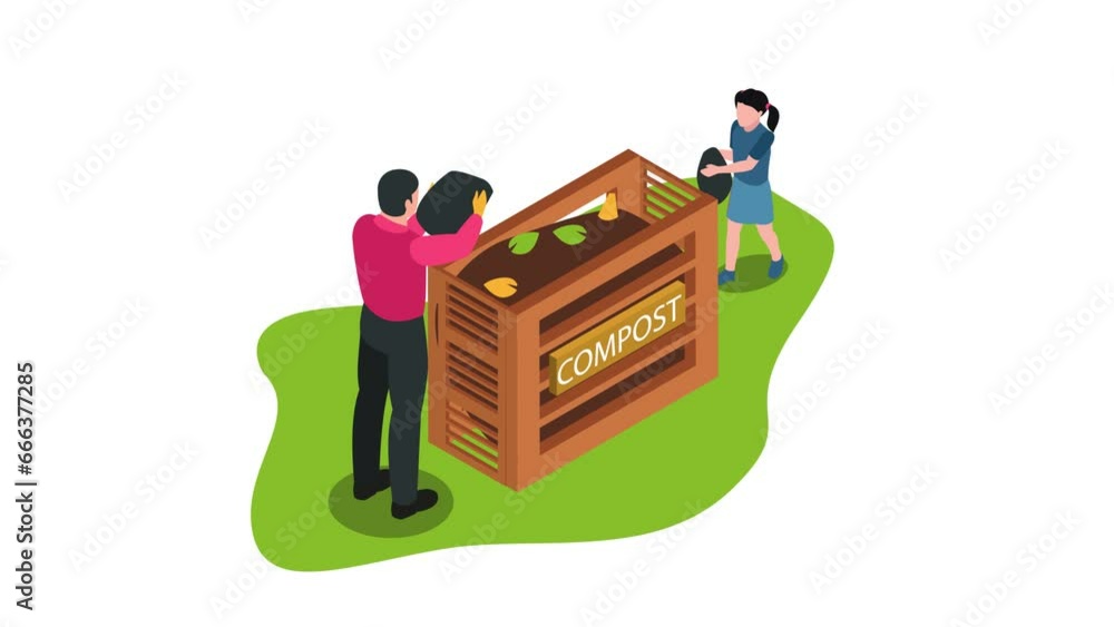 Father and daughter making compost 3d isometric cartoon animation in 4K ...