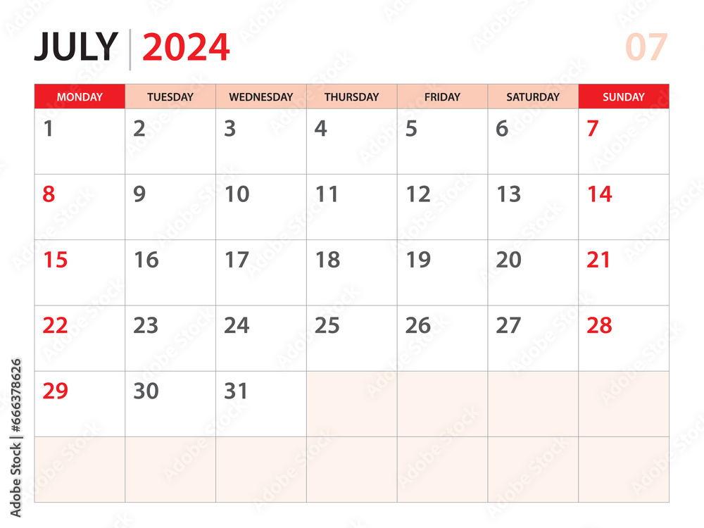 Calendar planner 2024 - July 2024 template, week start on Monday, Desk ...
