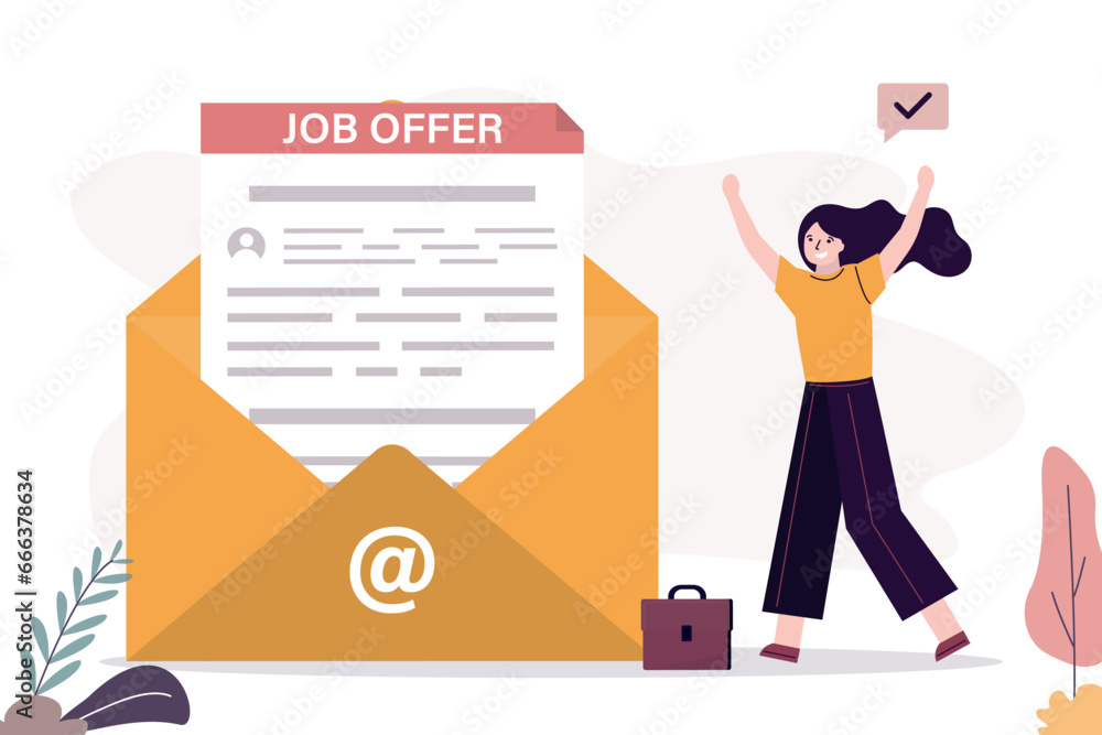 Job offer document in huge yellow envelope. Happy caucasian female ...