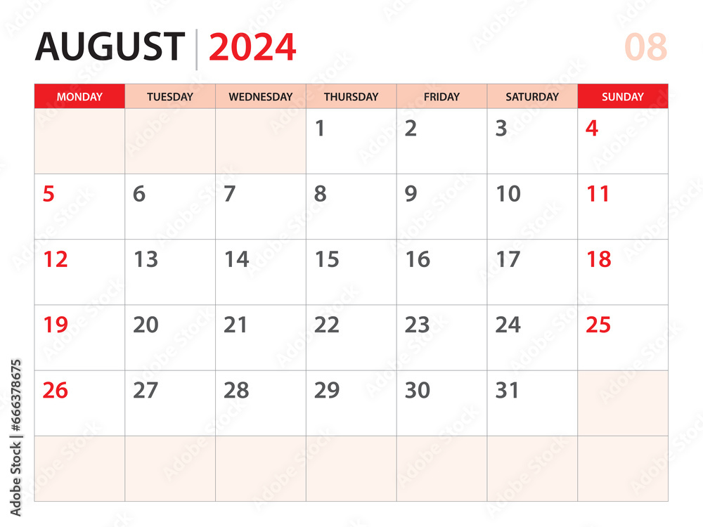 Calendar planner 2024 - August 2024 template, week start on Monday ...