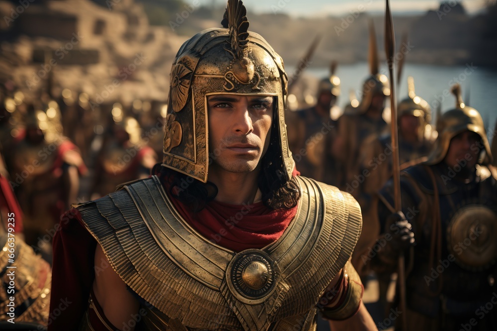 Ancient Egyptian General Commanding Soldiers beside the Nile River ...