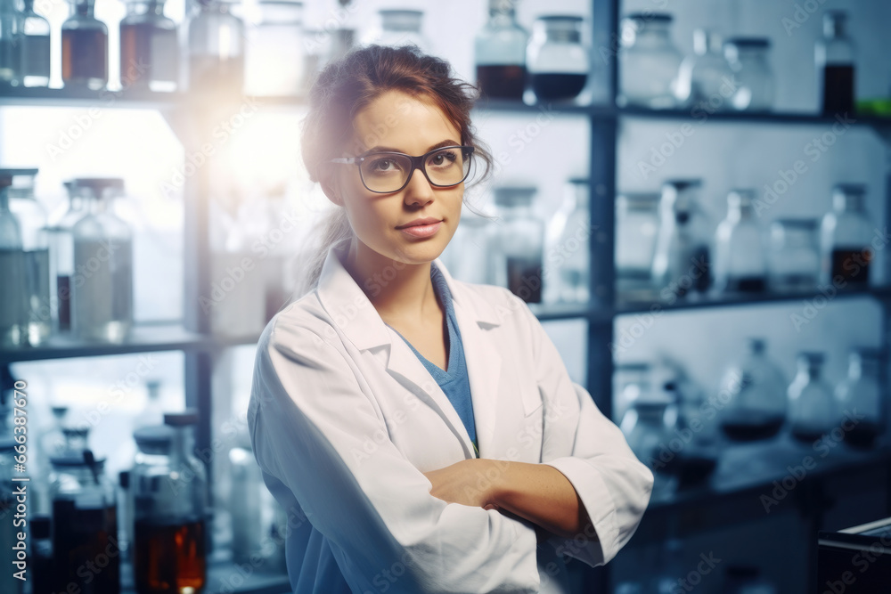 Professional woman wearing lab coat is standing in front of shelf ...