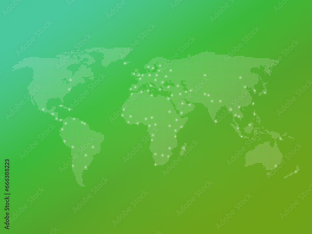 Dotted halftone world map with many highlighted capital cities on a ...