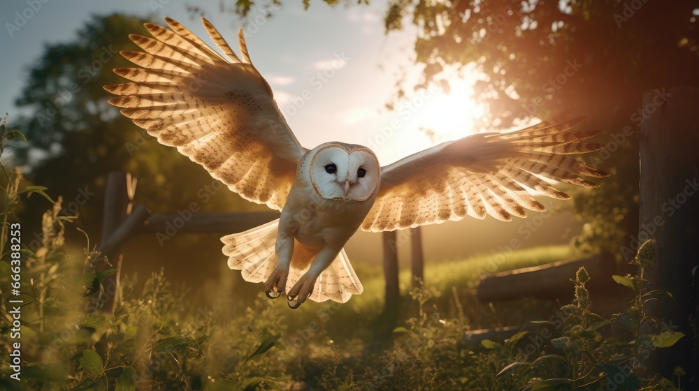 Big barn owl flying in fligh, Barn owl Tyto alba on aesthetic scenery ...