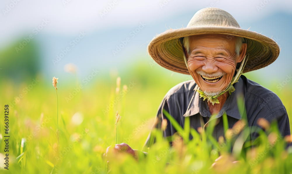 Farmer with smile standing on his rice field,Front view of male farmer ...