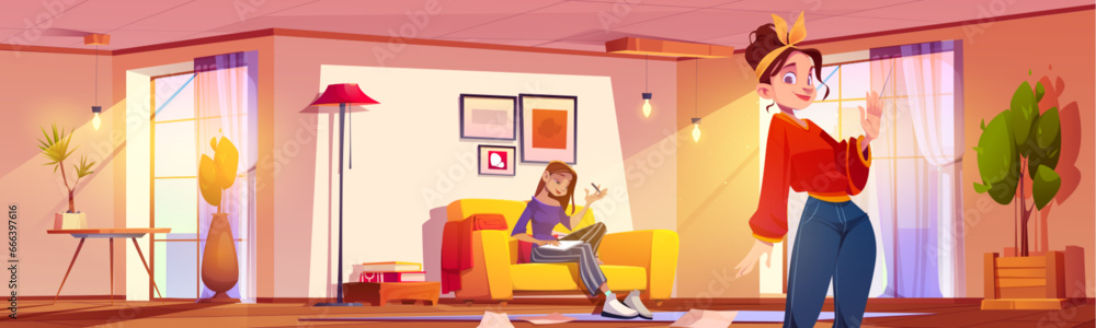 Female roommates in modern apartment. Vector cartoon illustration of ...