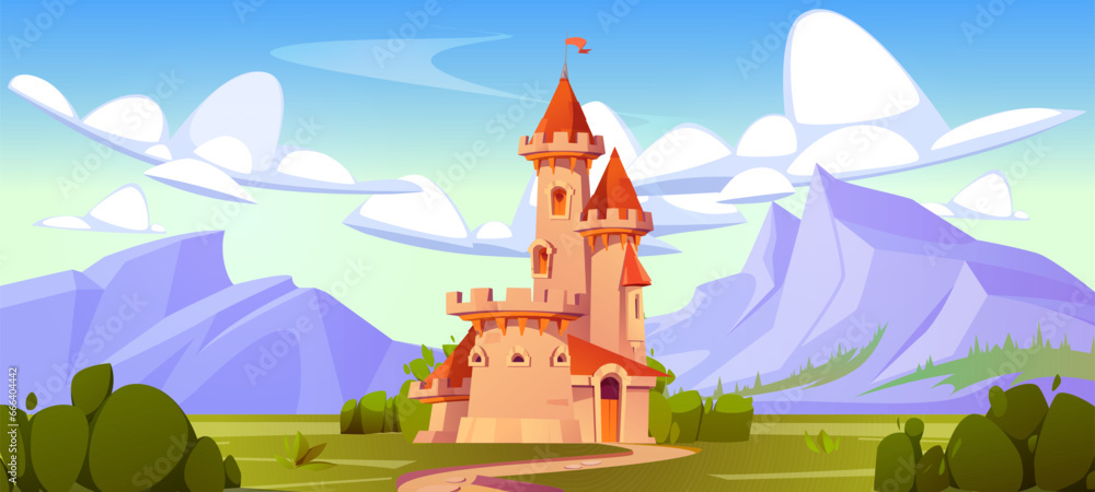 Magic medieval fairytale castle mountain vector landscape background ...
