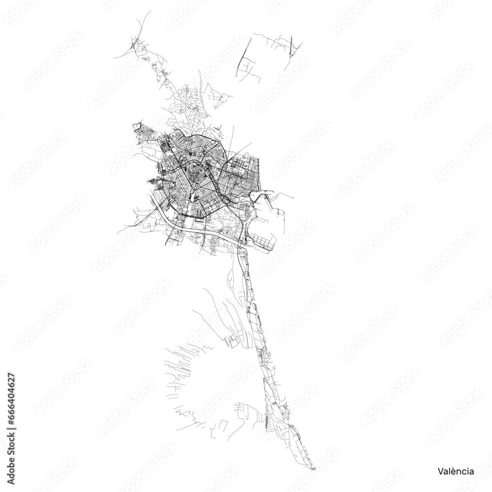 Valencia city map with roads and streets, Spain. Vector outline ...