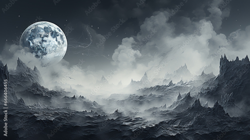 dark illustration of a planet's surface, with craters and extinct ...