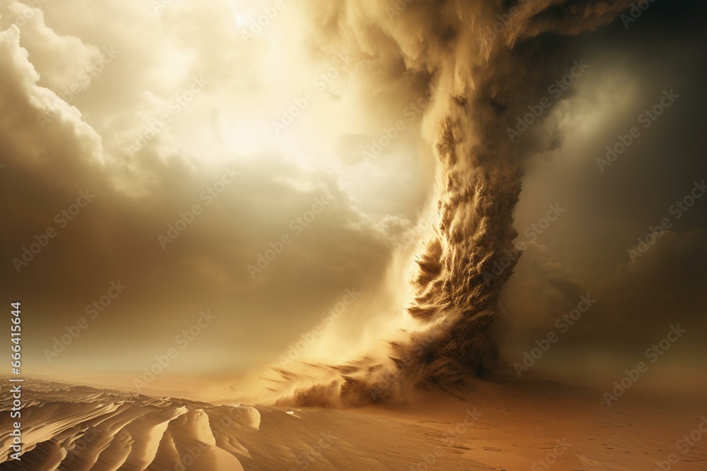 Illustration of a sandy desert dust column resembling a hurricane. A ...