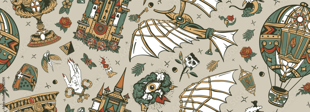 Medieval flying machines, air balloon, holy grail, middle age castle ...