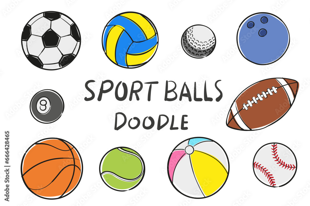 Collection of colorful hand drawn sports ball illustration doodles ...