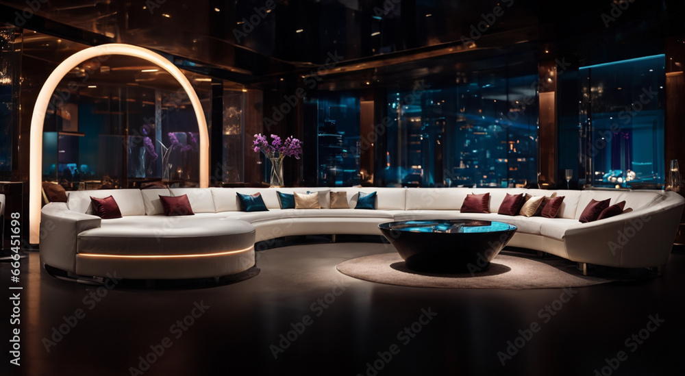 Interior of a modern lounge with white sofa in a high rise skyscraper ...