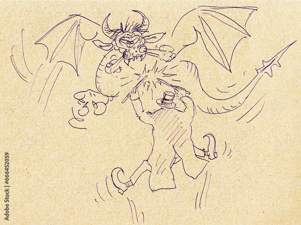 Sorcerer casting a spell. Drawing of a daring wizard fighting a fierce ...