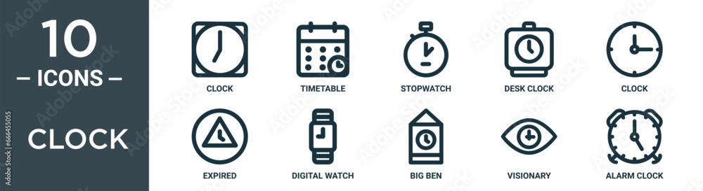 clock outline icon set includes thin line clock, timetable, stopwatch ...