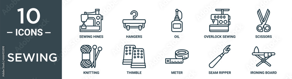 sewing outline icon set includes thin line sewing hines, hangers, oil ...