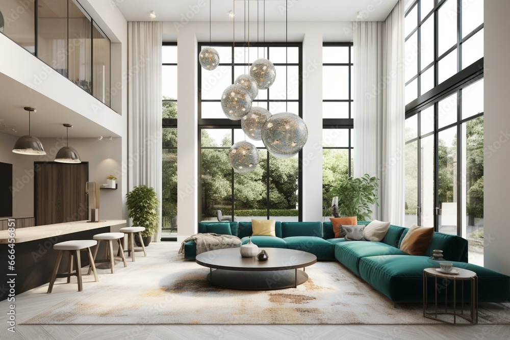 Modern open-space interior with high ceilings and a contemporary design ...