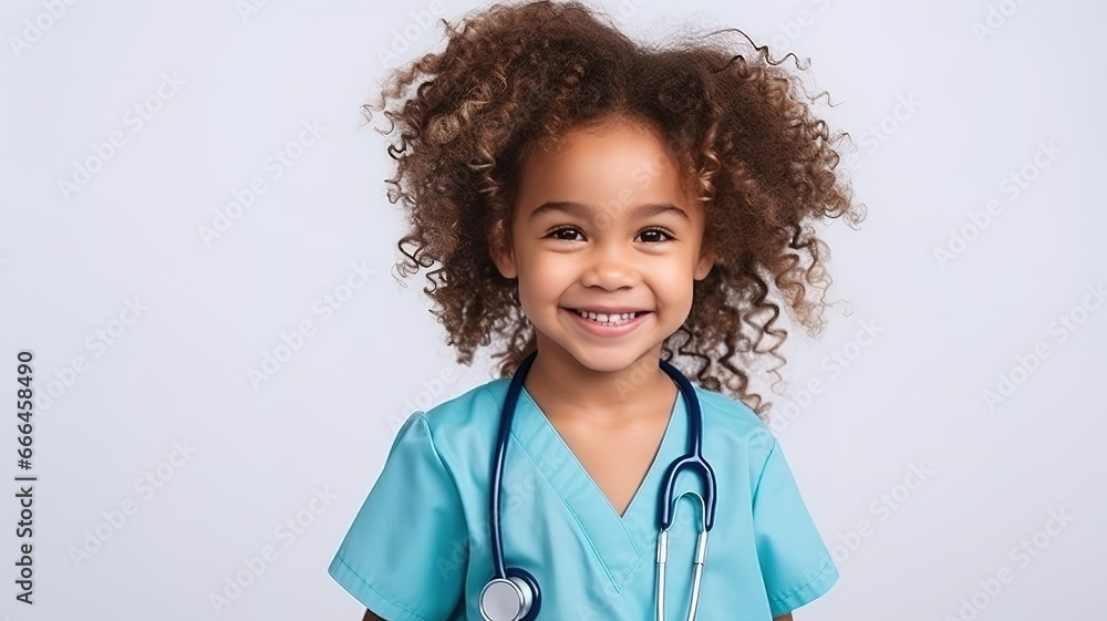 Cute little curly African American doctor kid girl playing doctor with ...