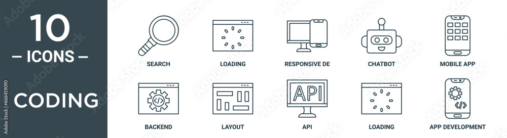 Vetor de coding outline icon set includes thin line search, loading, responsive de, chatbot ...