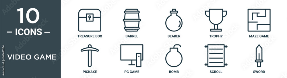 video game outline icon set includes thin line treasure box, barrel ...