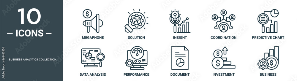 business analytics collection. outline icon set includes thin line megaphone, solution, insight ...