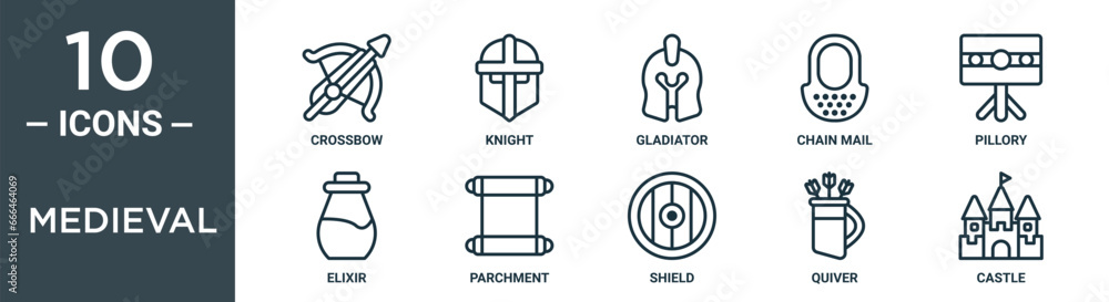 medieval outline icon set includes thin line crossbow, knight ...