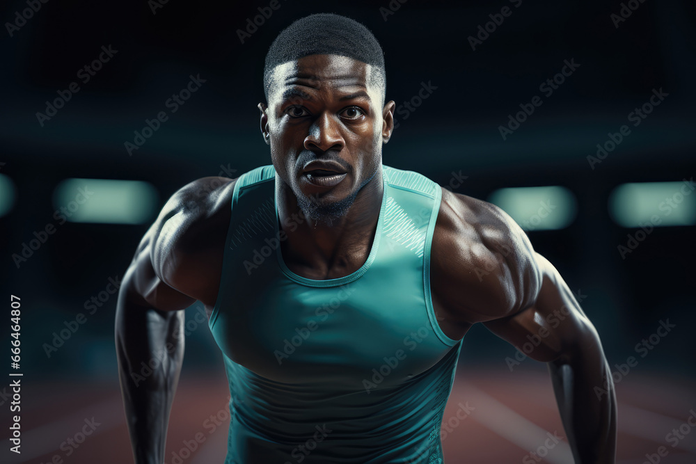Sheer Determination: Athletic man in a starting sprinter's position ...