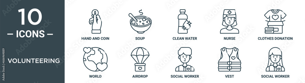 volunteering outline icon set includes thin line hand and coin, soup ...
