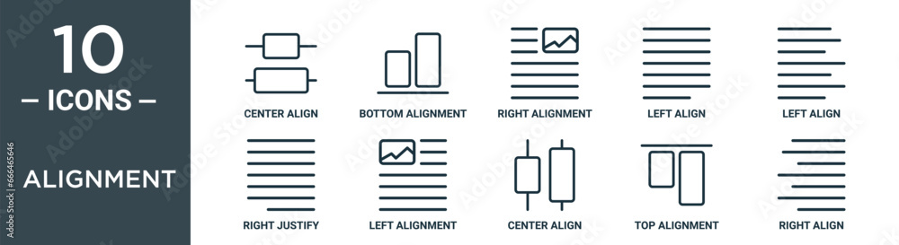 alignment outline icon set includes thin line center align, bottom alignment, right alignment ...