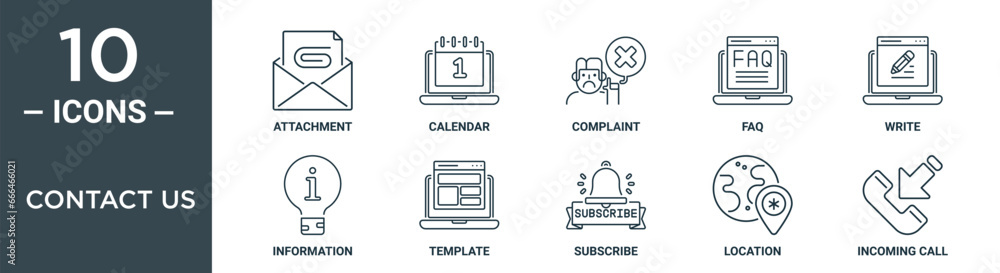 contact us outline icon set includes thin line attachment, calendar ...
