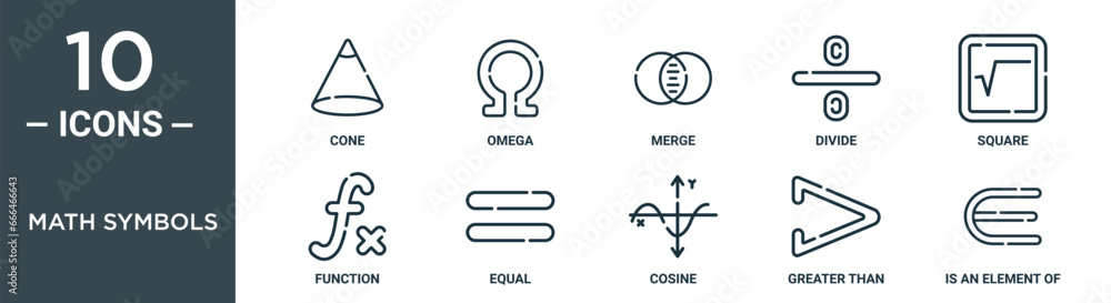 math symbols outline icon set includes thin line cone, omega, merge ...