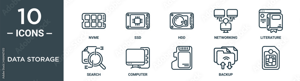 Vetor de data storage outline icon set includes thin line nvme, ssd ...