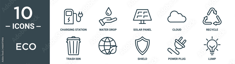 eco outline icon set includes thin line charging station, water drop ...