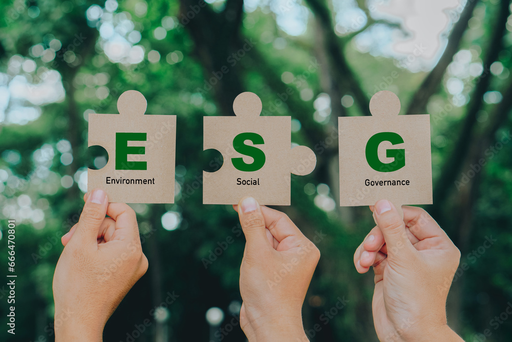 Hand holding Jigsaw with ESG icon concept.ESG icon for environmental, social, and governance in ...