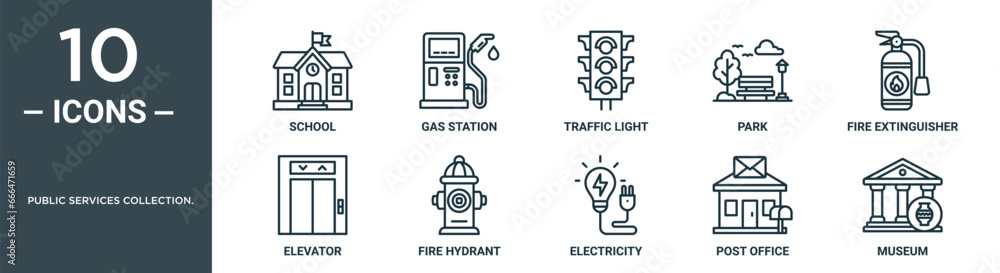 public services collection. outline icon set includes thin line school ...