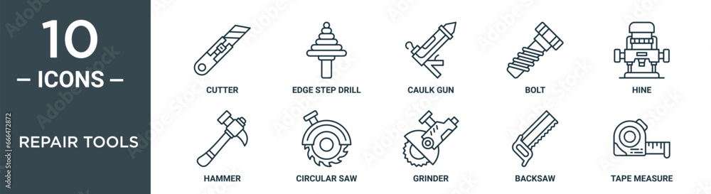 repair tools outline icon set includes thin line cutter, edge step ...